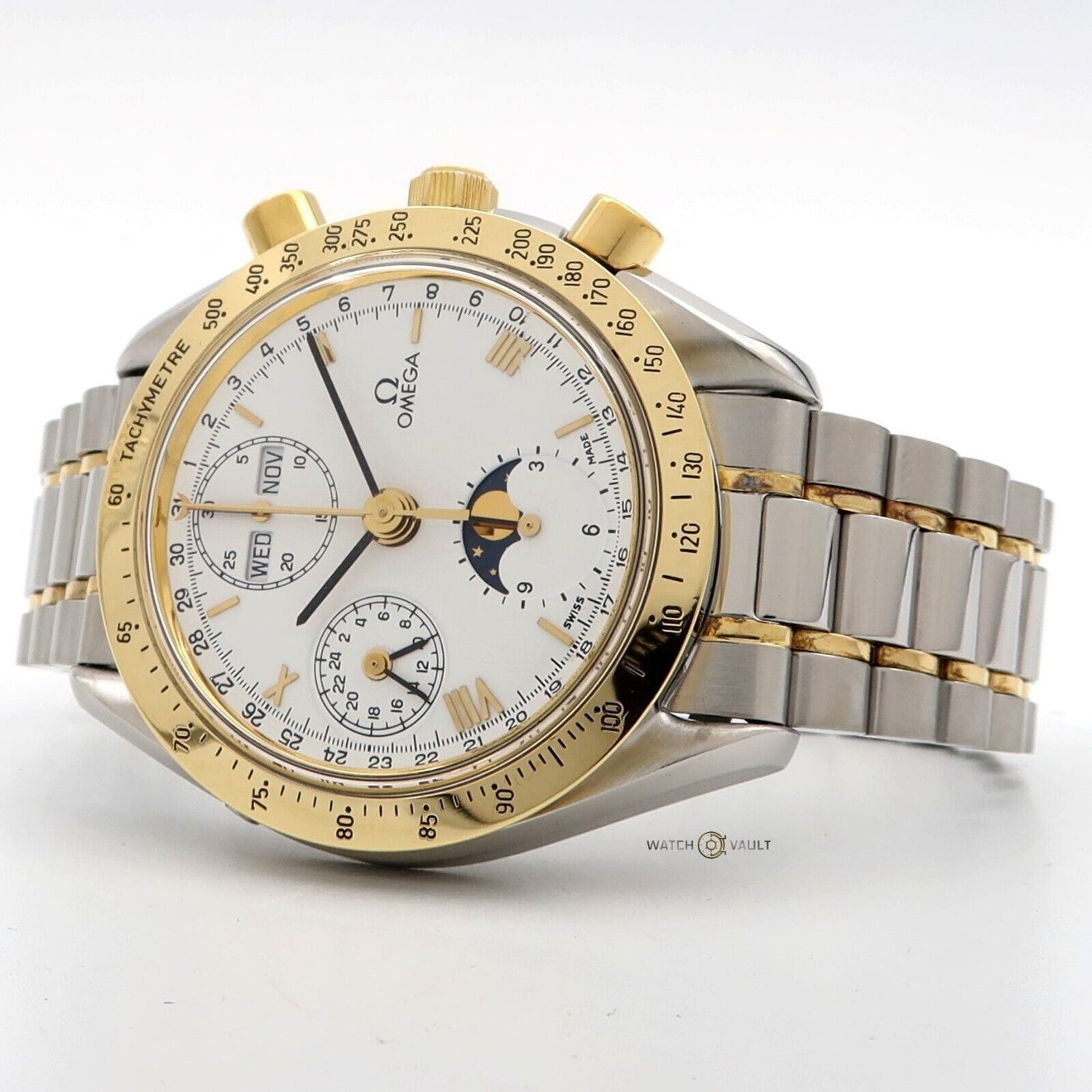 Omega Speedmaster Moonphase White Dial 18k Yellow Gold & Steel 39MM 17